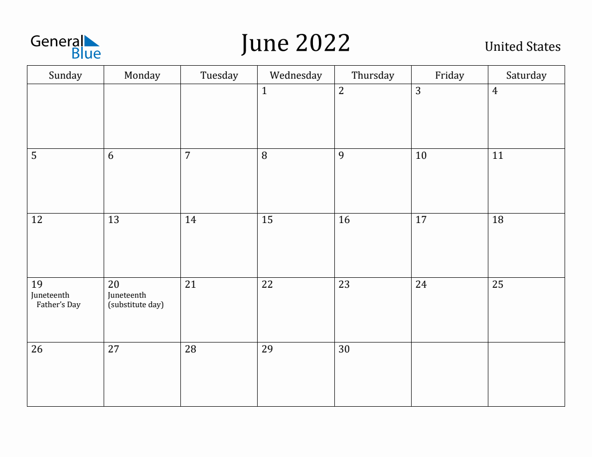 June 2022 Monthly Calendar with United States Holidays