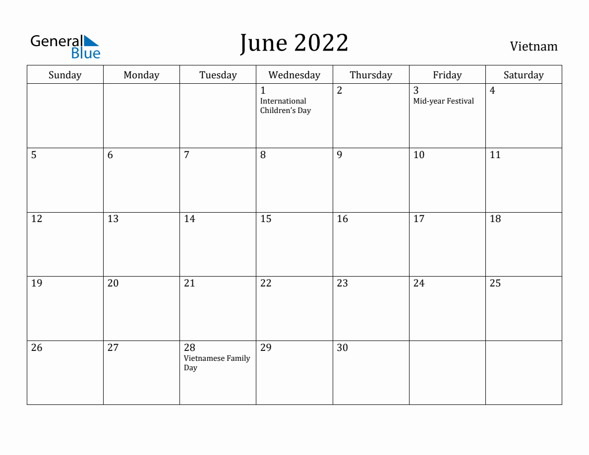 June 2022 Monthly Calendar with Vietnam Holidays