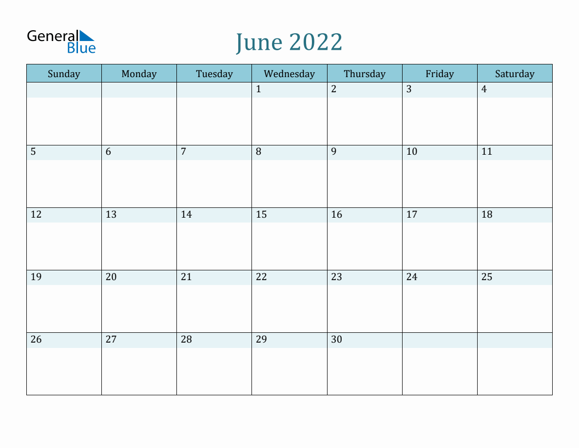 June 2022 Monthly Calendar Template