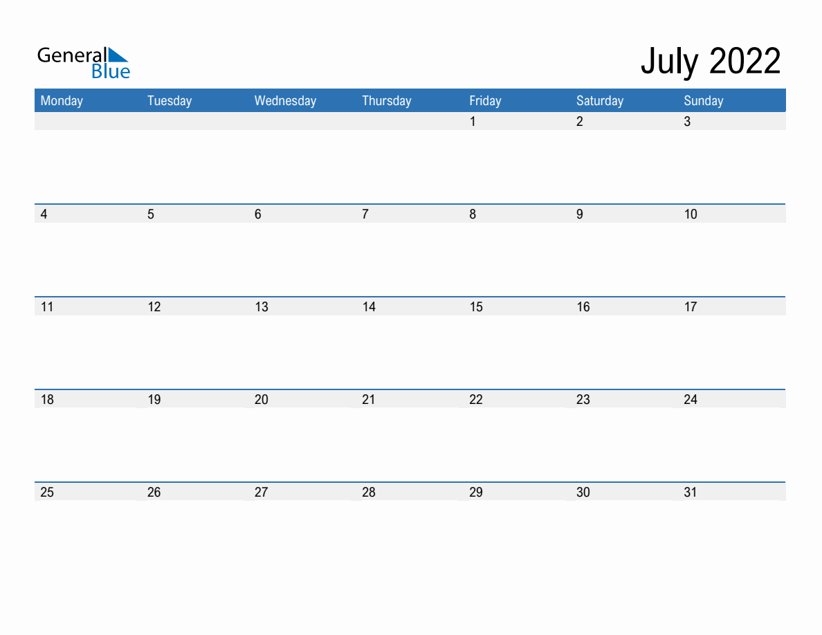 Editable Calendar Template for July 2022 - Monday Start