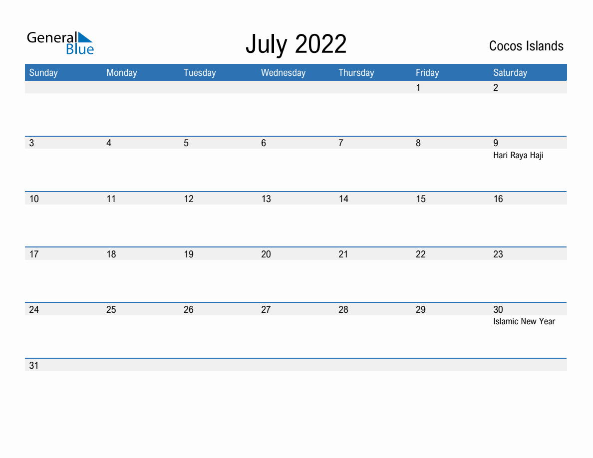 July 2022 Monthly Calendars with Cocos Islands Holidays
