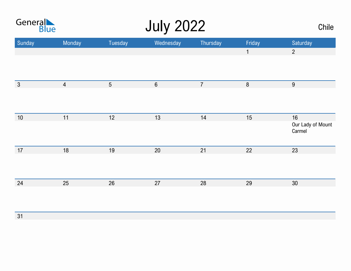 July 2022 Monthly Calendars with Chile Holidays