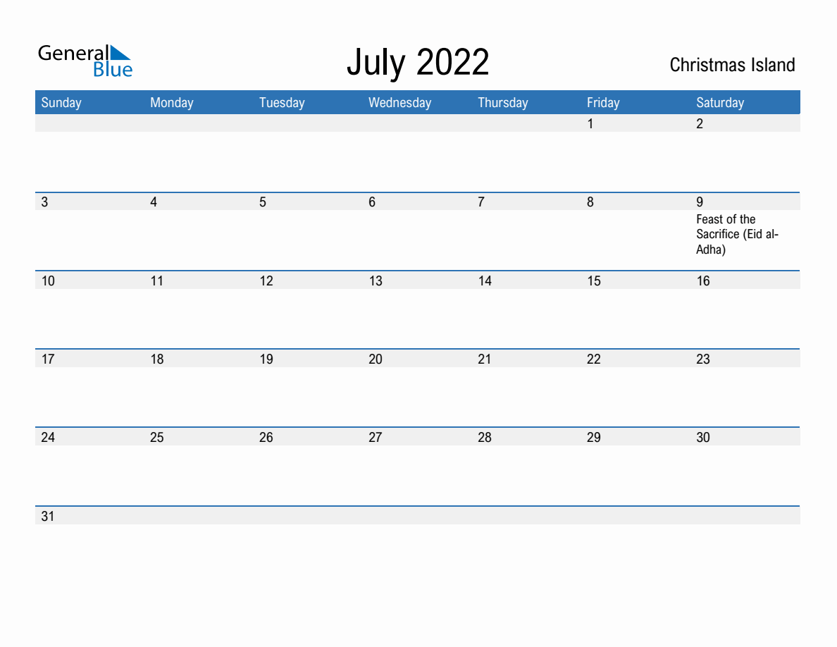 July 2022 Monthly Calendars with Christmas Island Holidays