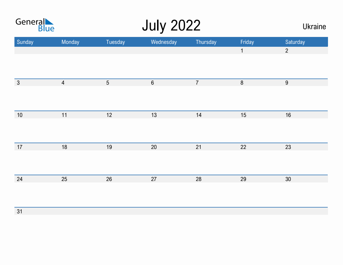 Editable July 2022 Calendar with Ukraine Holidays