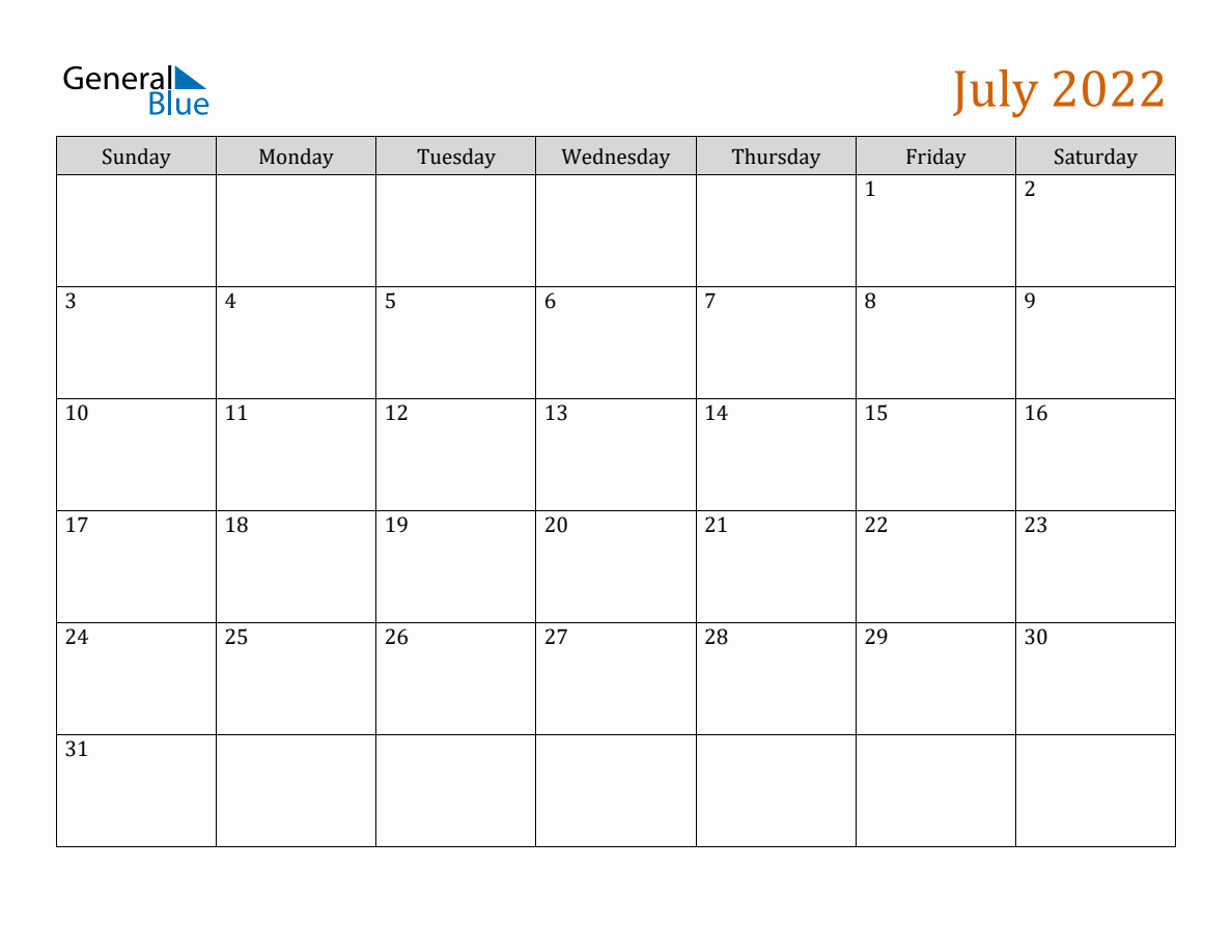 July 2022 Generic Monthly Calendar