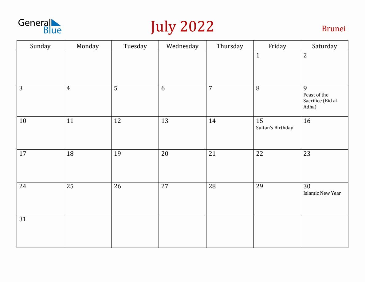July 2022 Brunei Monthly Calendar with Holidays