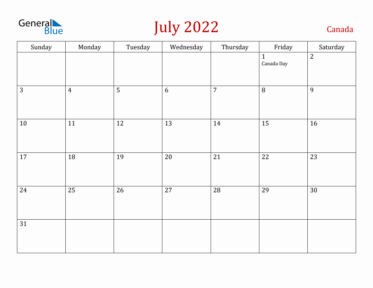 July 2022 Canada Monthly Calendar with Holidays