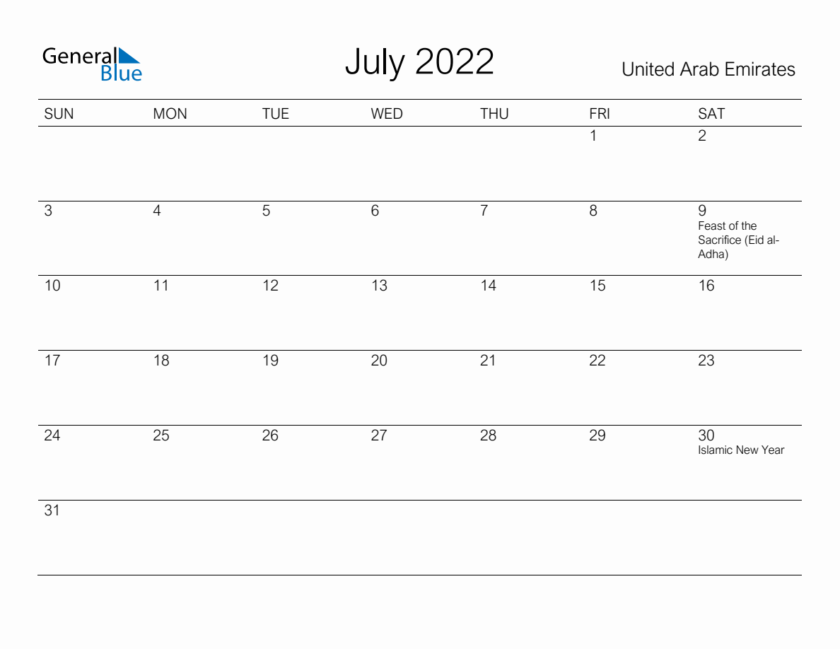 Printable July 2022 Monthly Calendar with Holidays for United Arab Emirates