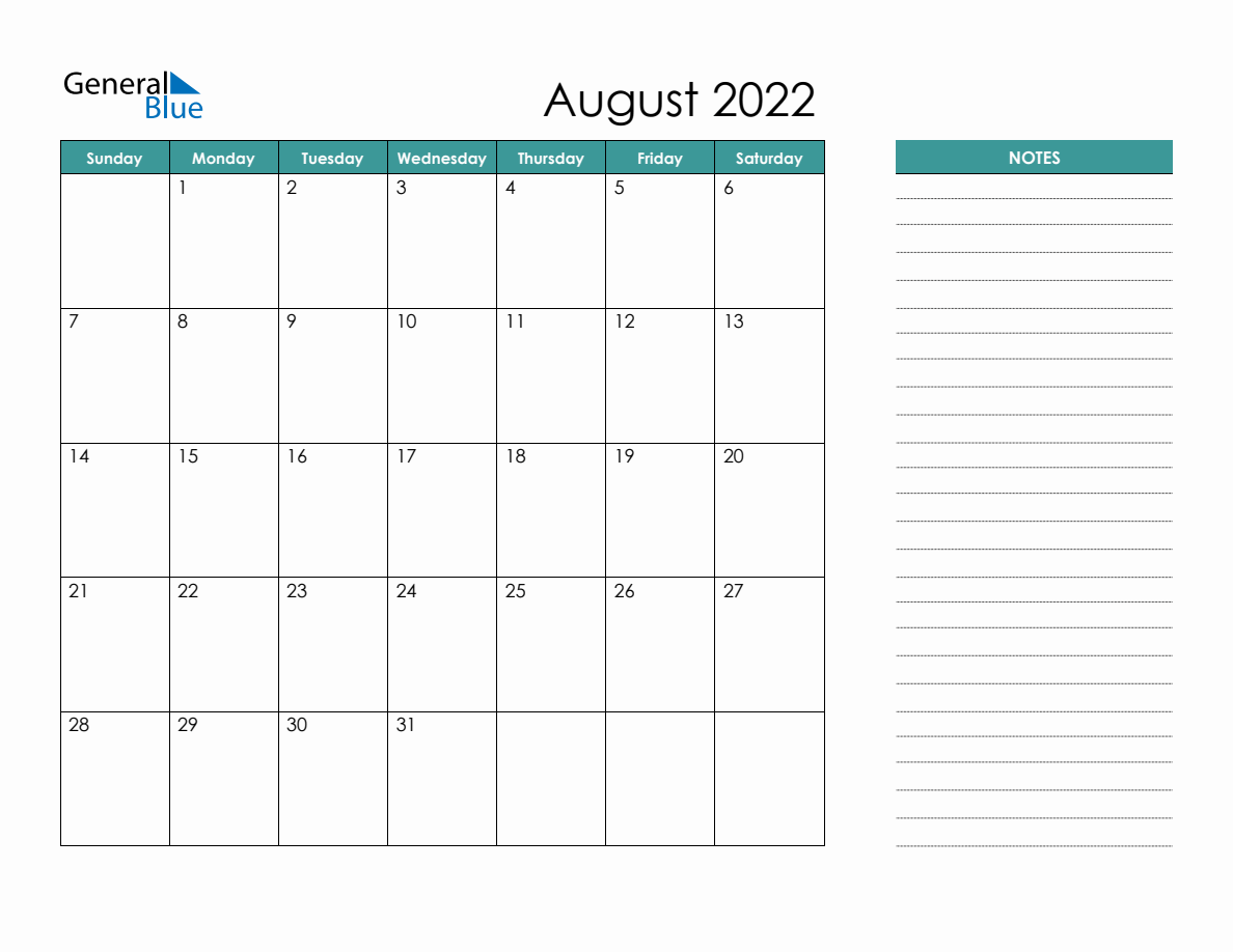 August 2022 Calendar Planner with Notes