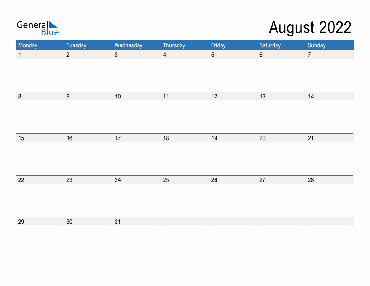 Editable Calendar Template for August 2022 - Monday Start
