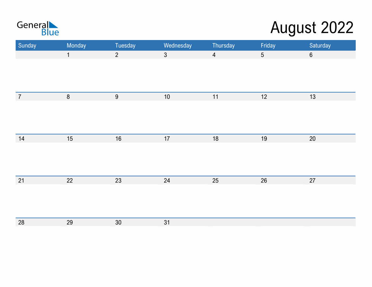 August 2022 Monthly Calendar (PDF, Word, Excel)
