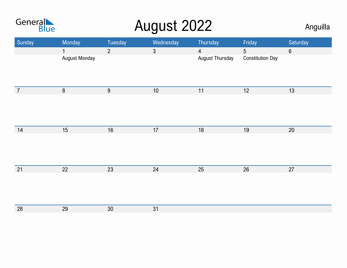 August 2022 Monthly Calendars with Anguilla Holidays