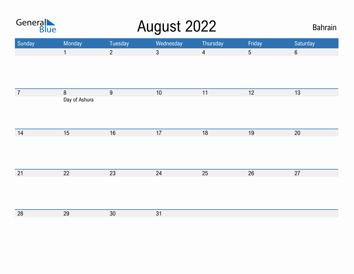 August 2022 Monthly Calendars with Bahrain Holidays