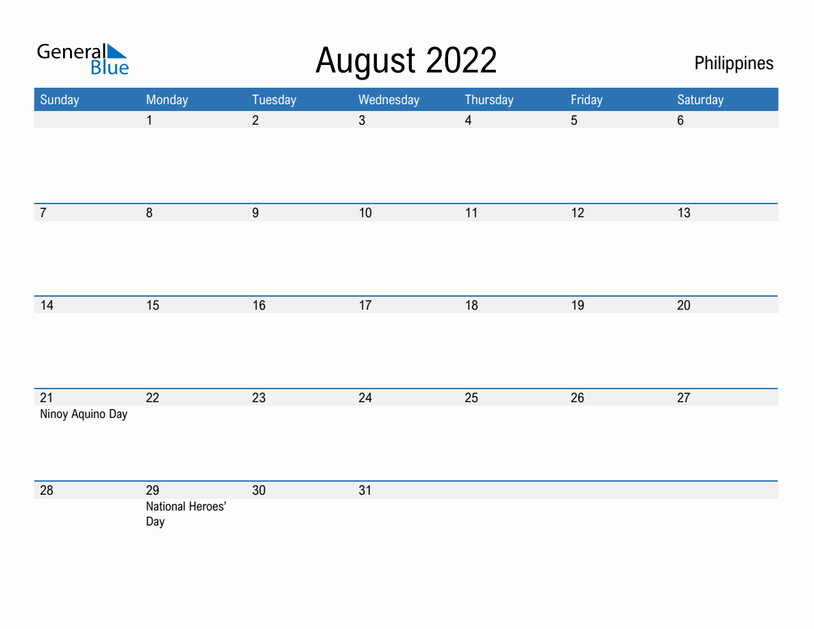 August 2022 Monthly Calendars with Philippines Holidays