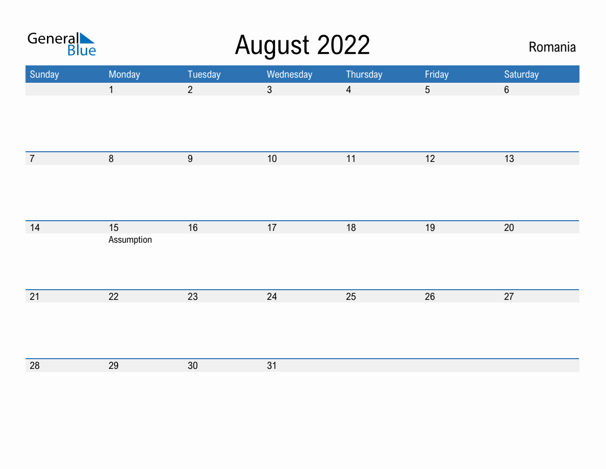 August 2022 Monthly Calendars with Romania Holidays