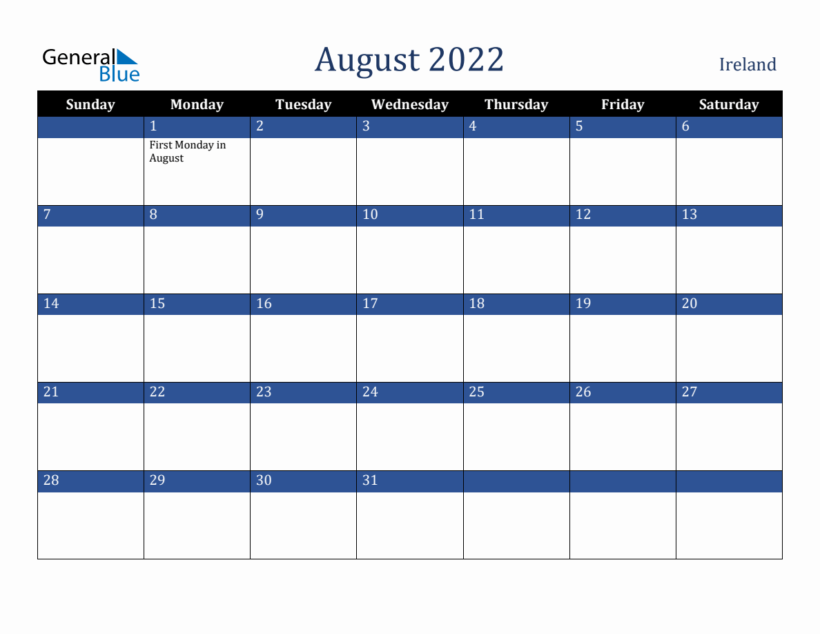 August 2022 Ireland Holiday Calendar