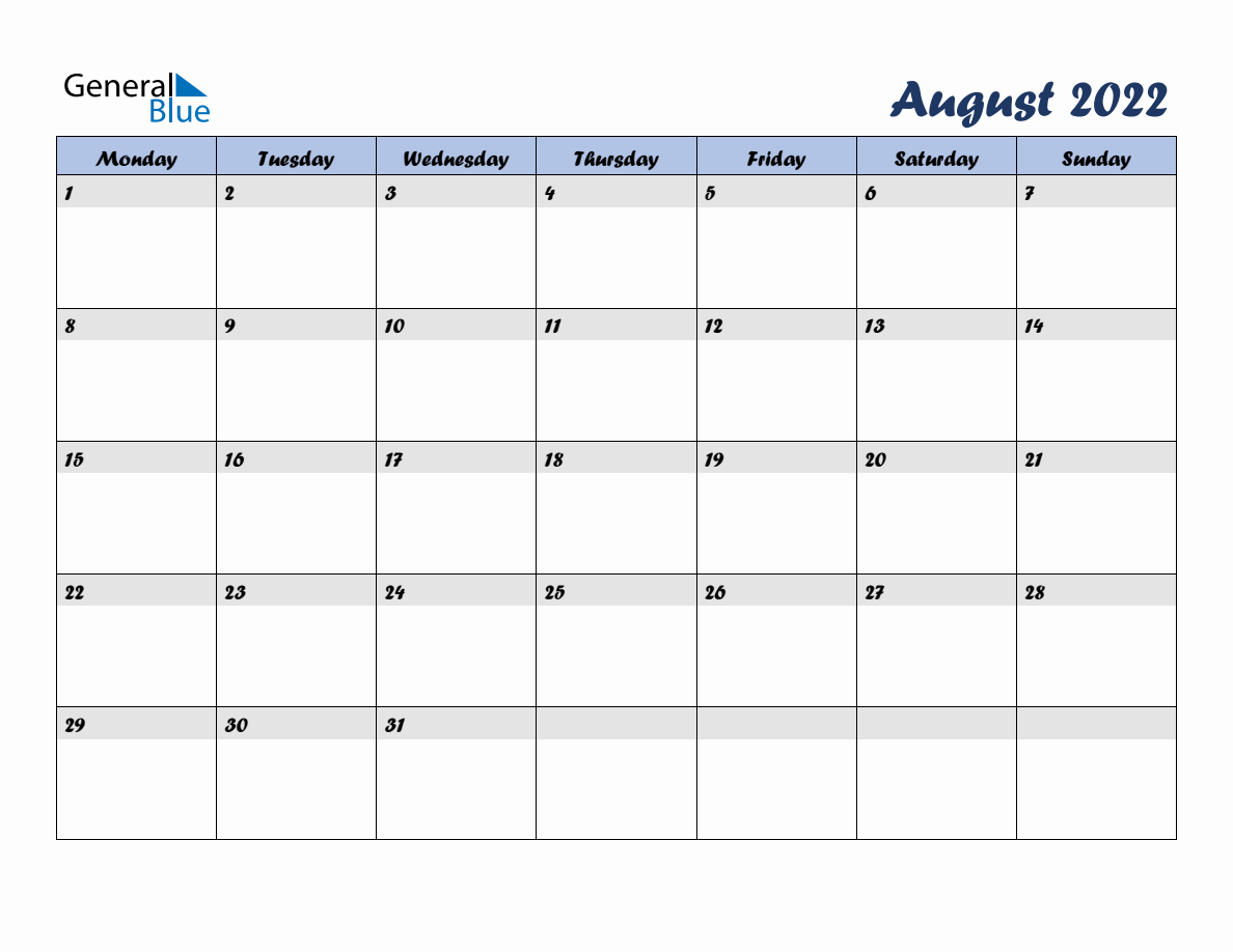 Free August 2022 Monthly Editable Calendar, starting on Monday
