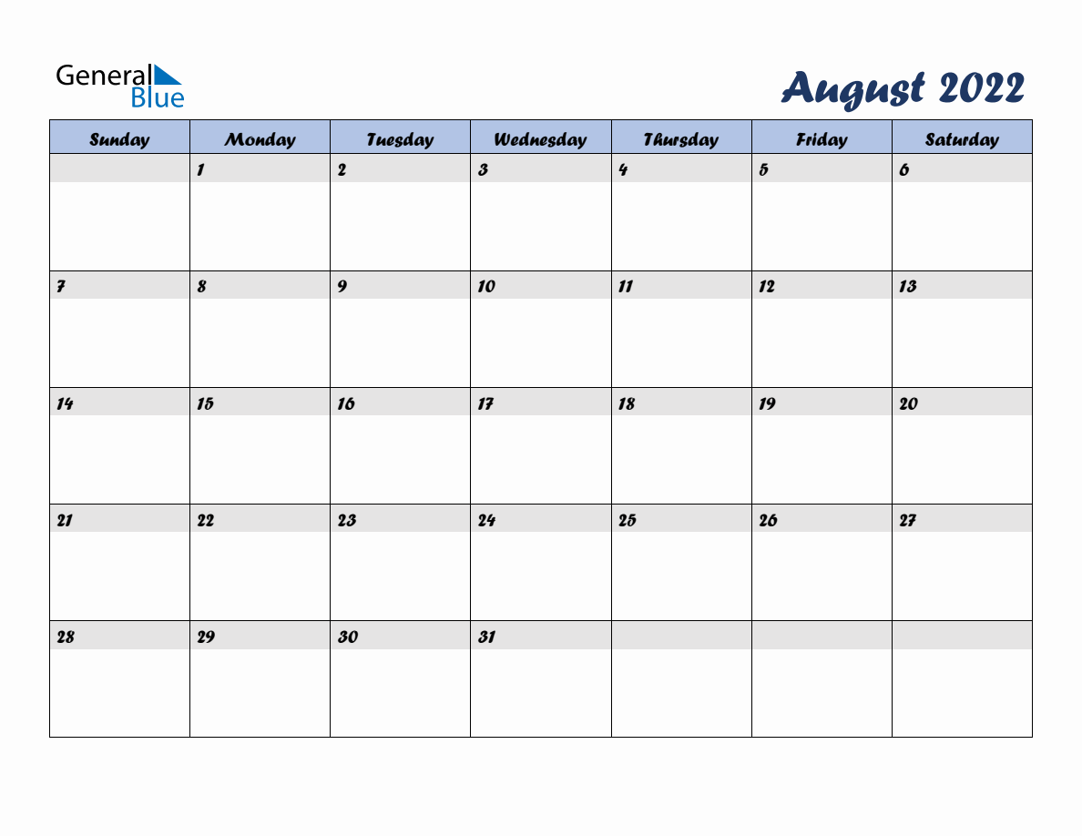 Free August 2022 Monthly Editable Calendar