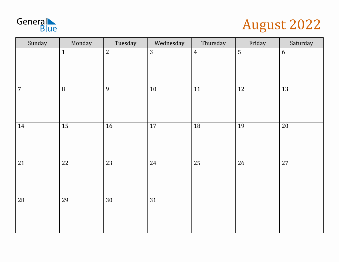 August 2022 Generic Monthly Calendar