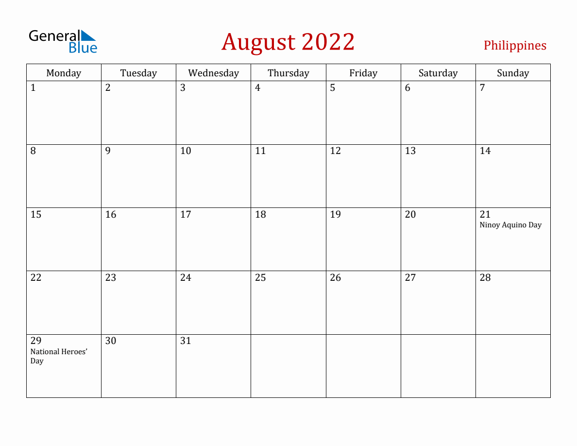 August 2022 Philippines Monthly Calendar with Holidays (Monday Start)