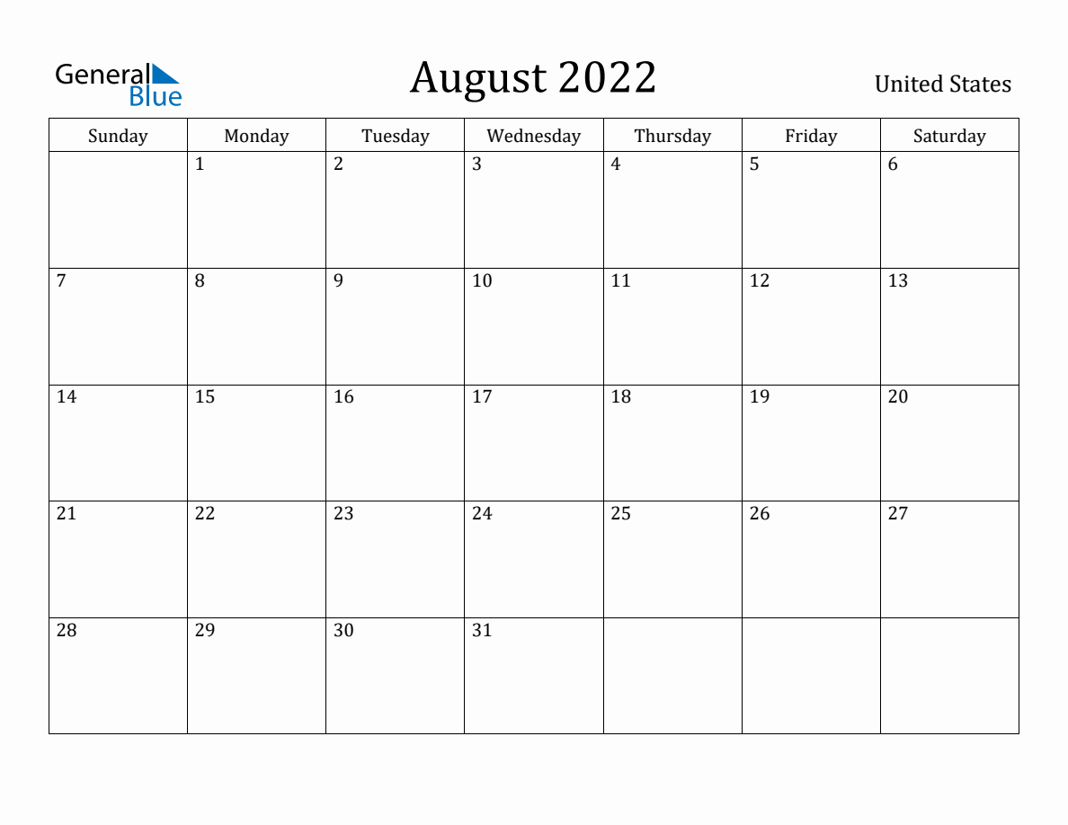 August 2022 Monthly Calendar with United States Holidays