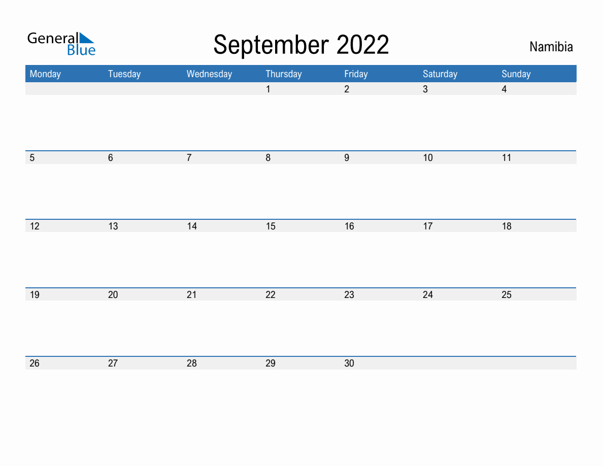 Editable September 2022 Calendar with Namibia Holidays (Monday Start)
