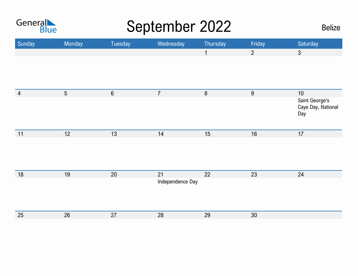 September 2022 Monthly Calendars with Belize Holidays