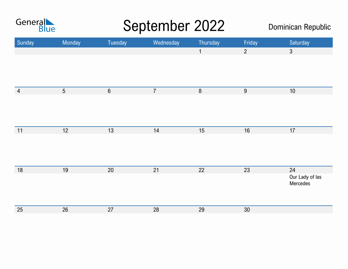 September 2022 Monthly Calendars with Dominican Republic Holidays