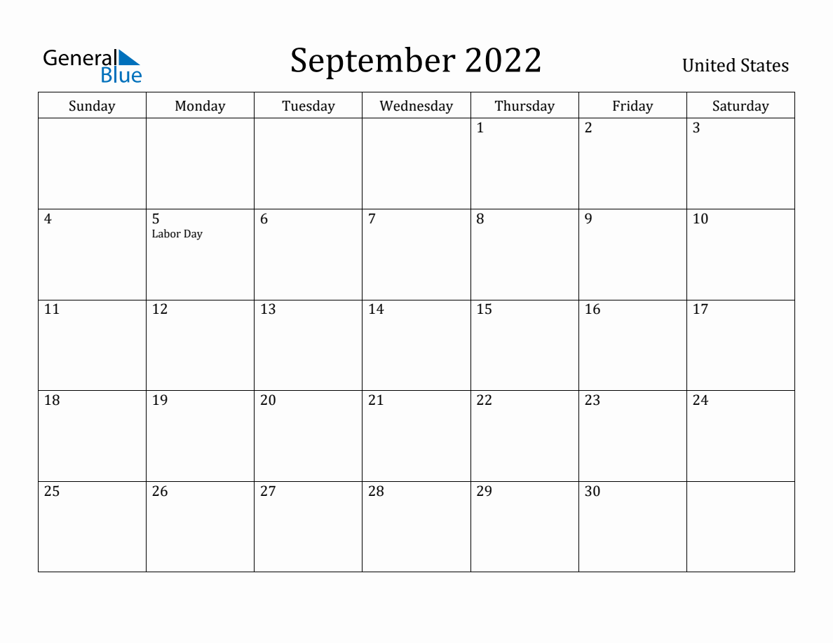 September 2022 Monthly Calendar with United States Holidays