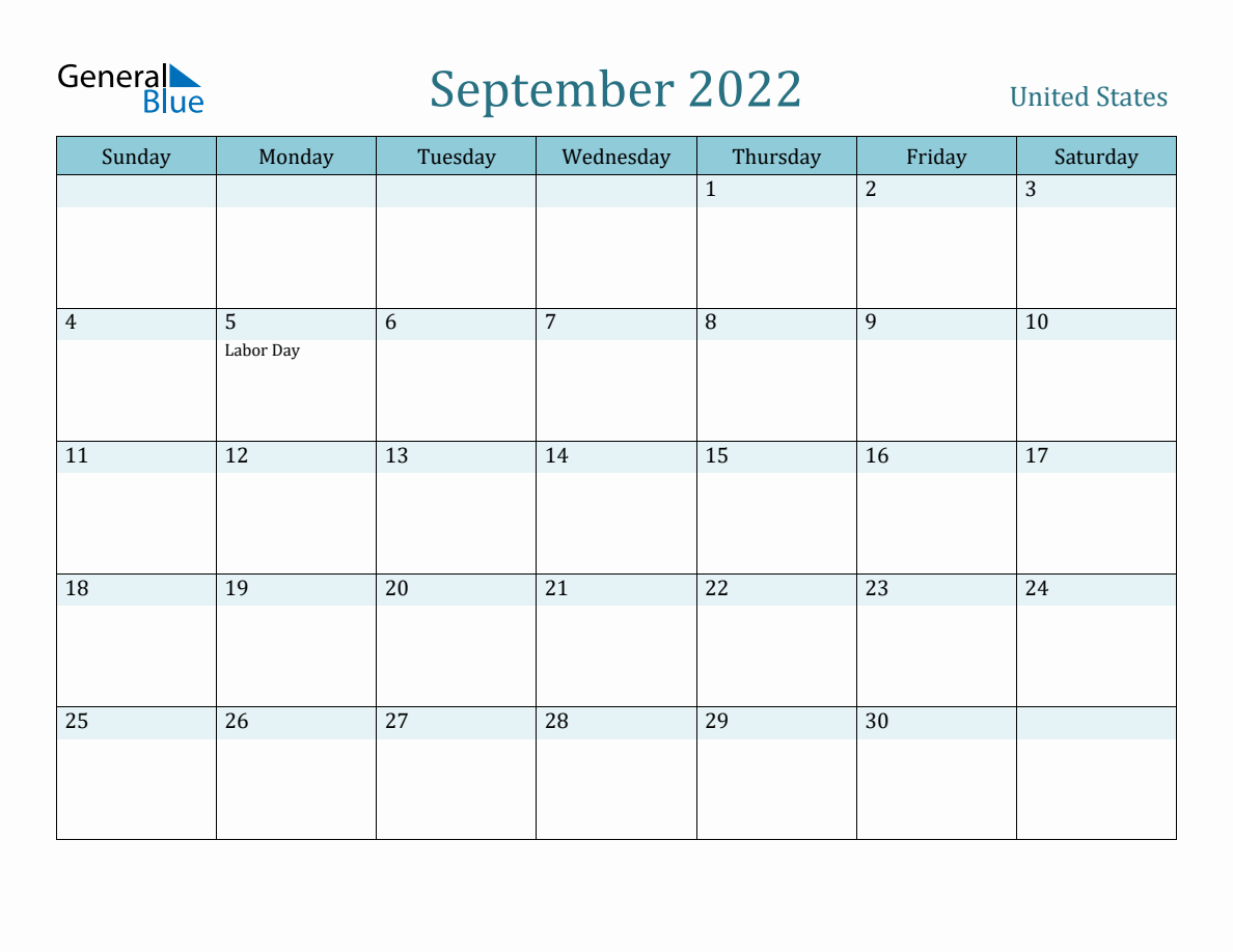 United States Holiday Calendar for September 2022