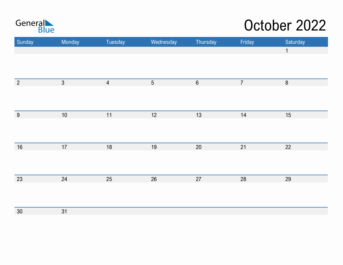 October 2022 Monthly Calendar (PDF, Word, Excel)