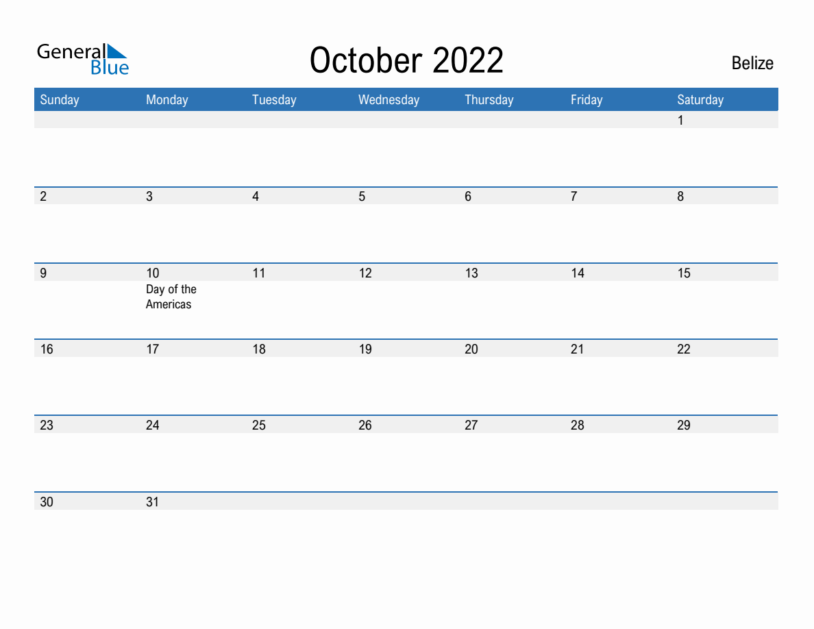 October 2022 Monthly Calendars with Belize Holidays