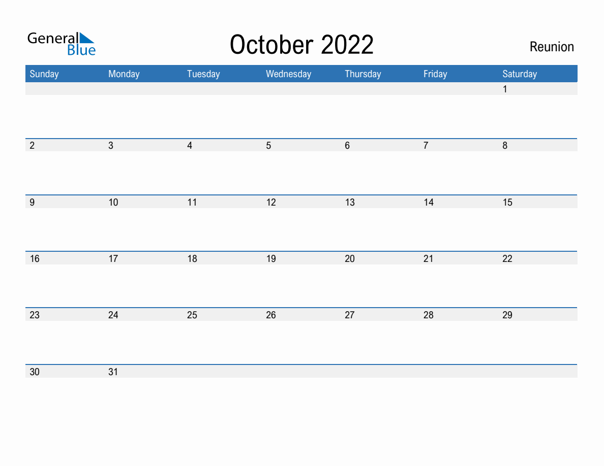 October 2022 Monthly Calendar with Reunion Holidays