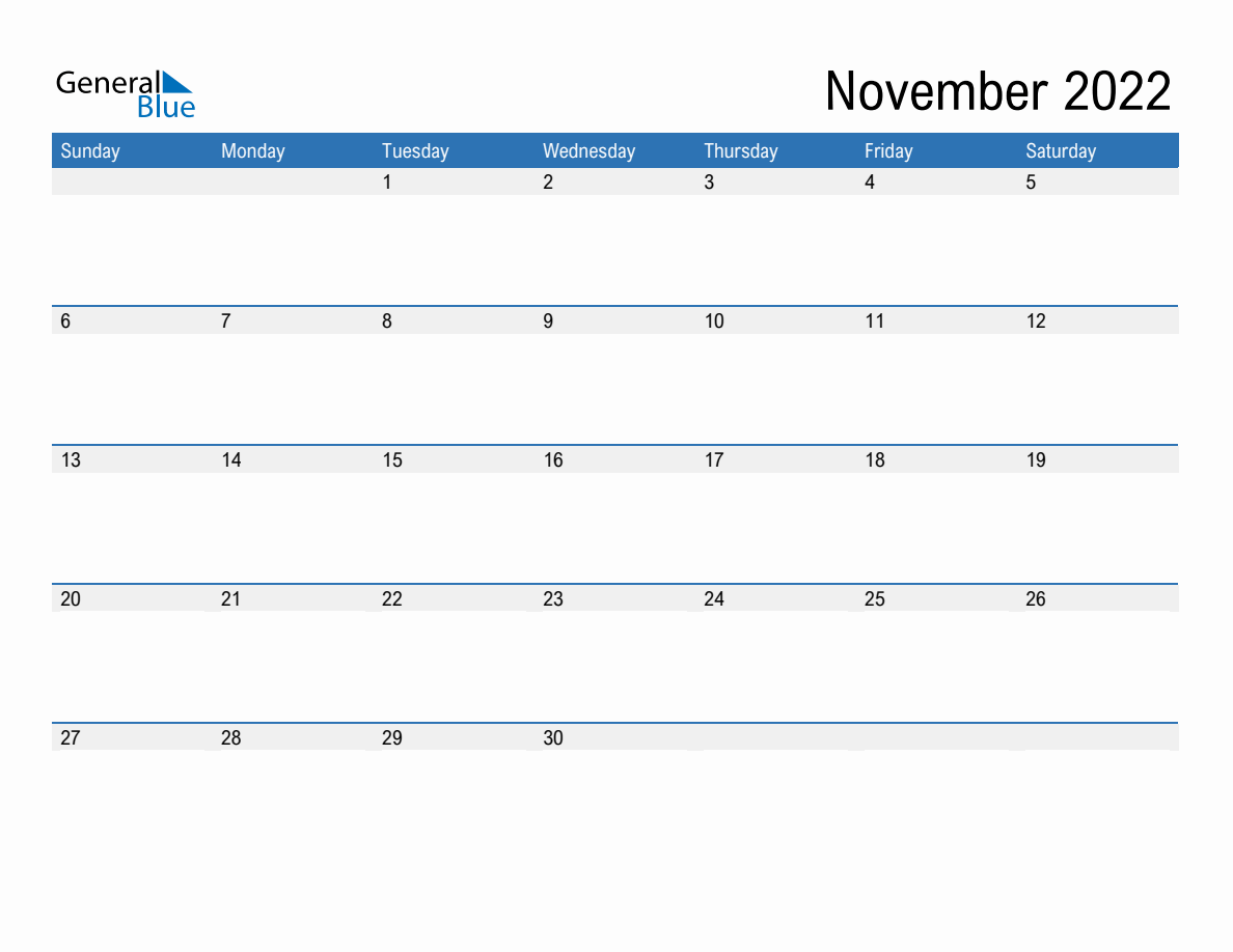 November 2022 Monthly Calendar (PDF, Word, Excel)