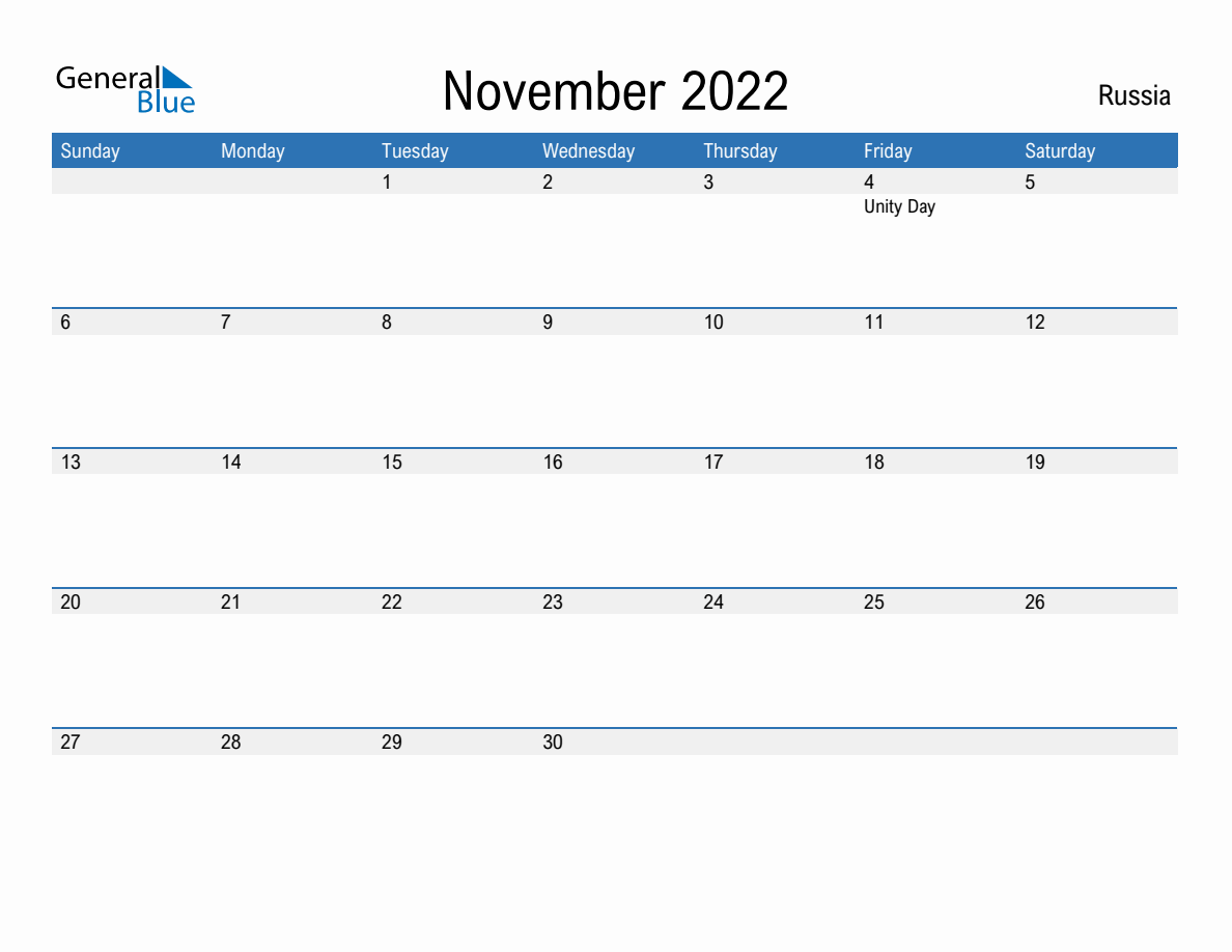 November 2022 Monthly Calendars with Russia Holidays
