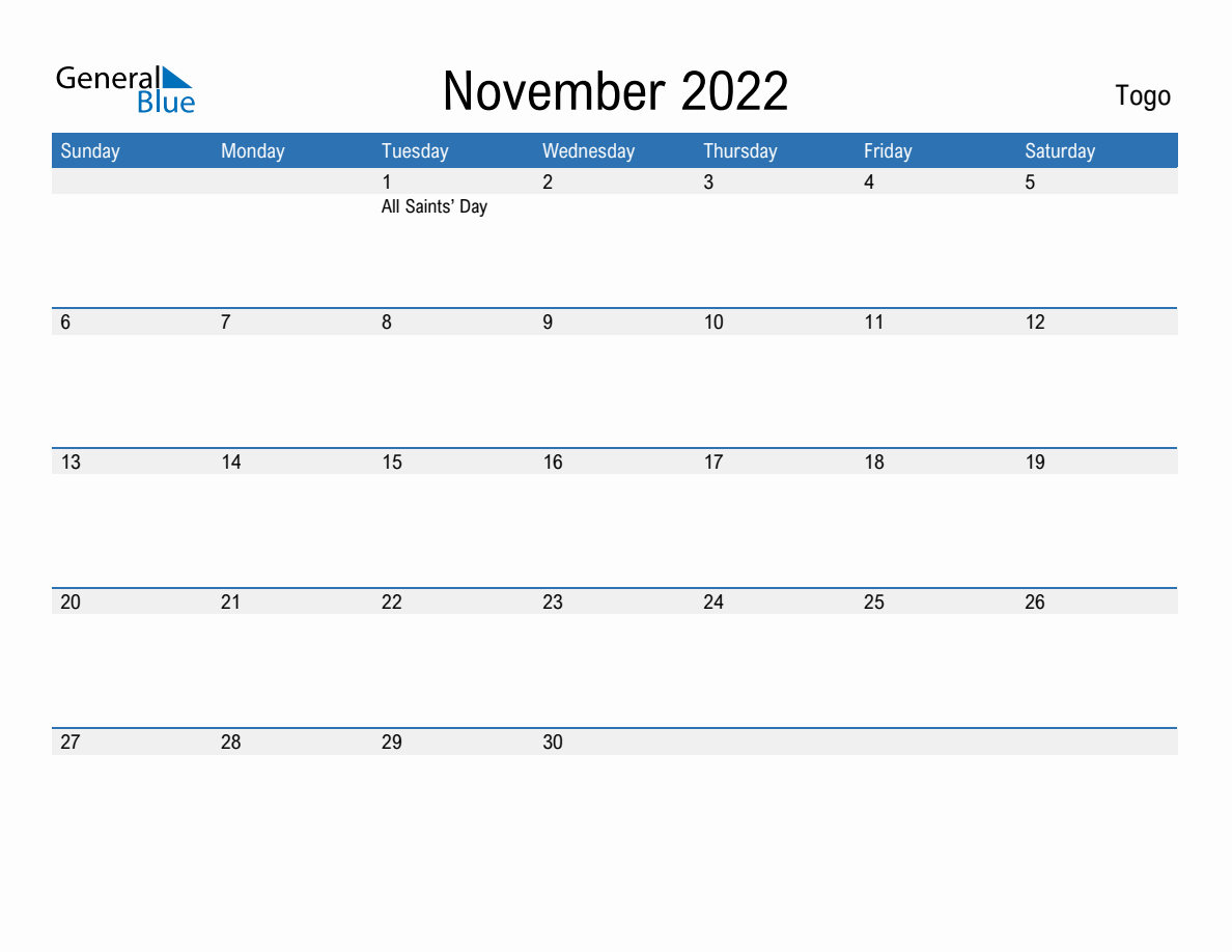 Editable November 2022 Calendar with Togo Holidays
