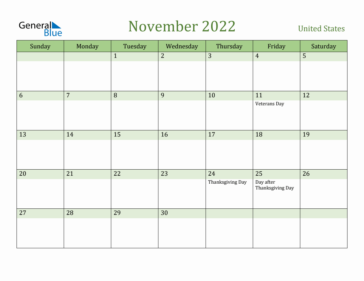 Fillable Holiday Calendar for United States - November 2022