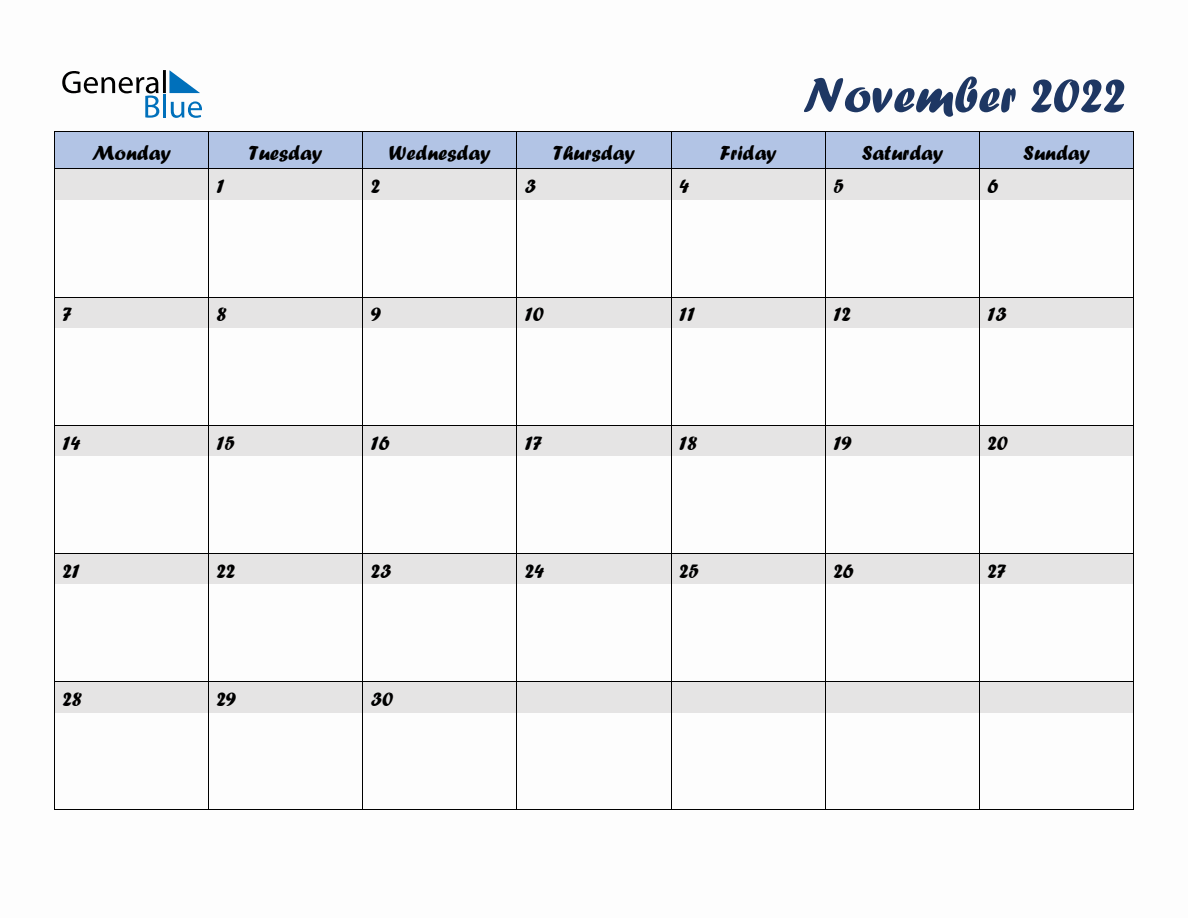 Free November 2022 Monthly Editable Calendar - Monday Start