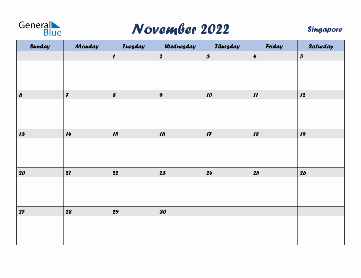November 2022 Monthly Calendar Template with Holidays for Singapore