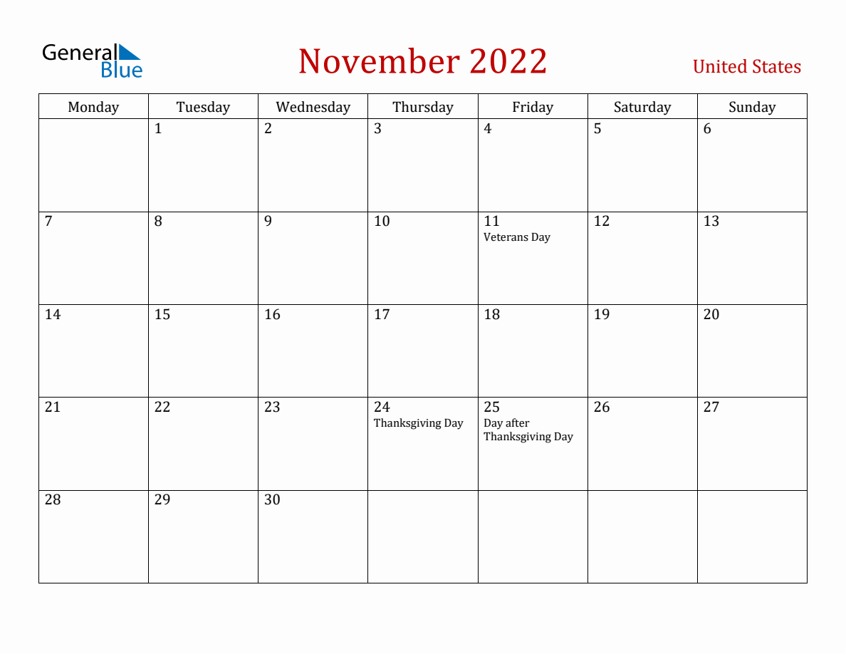 November 2022 United States Monthly Calendar with Holidays (Monday Start)