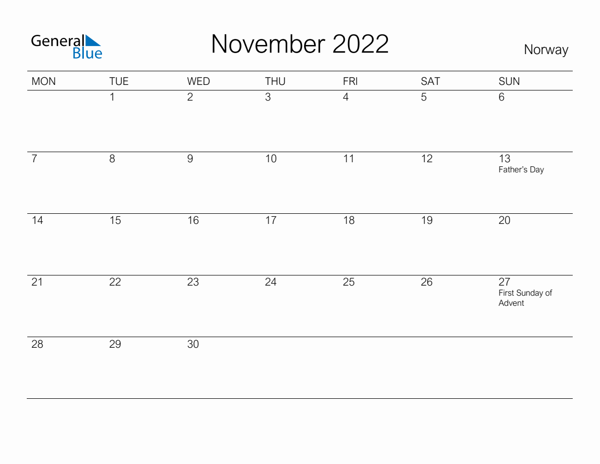 Printable November 2022 Monthly Calendar with Holidays for Norway ...