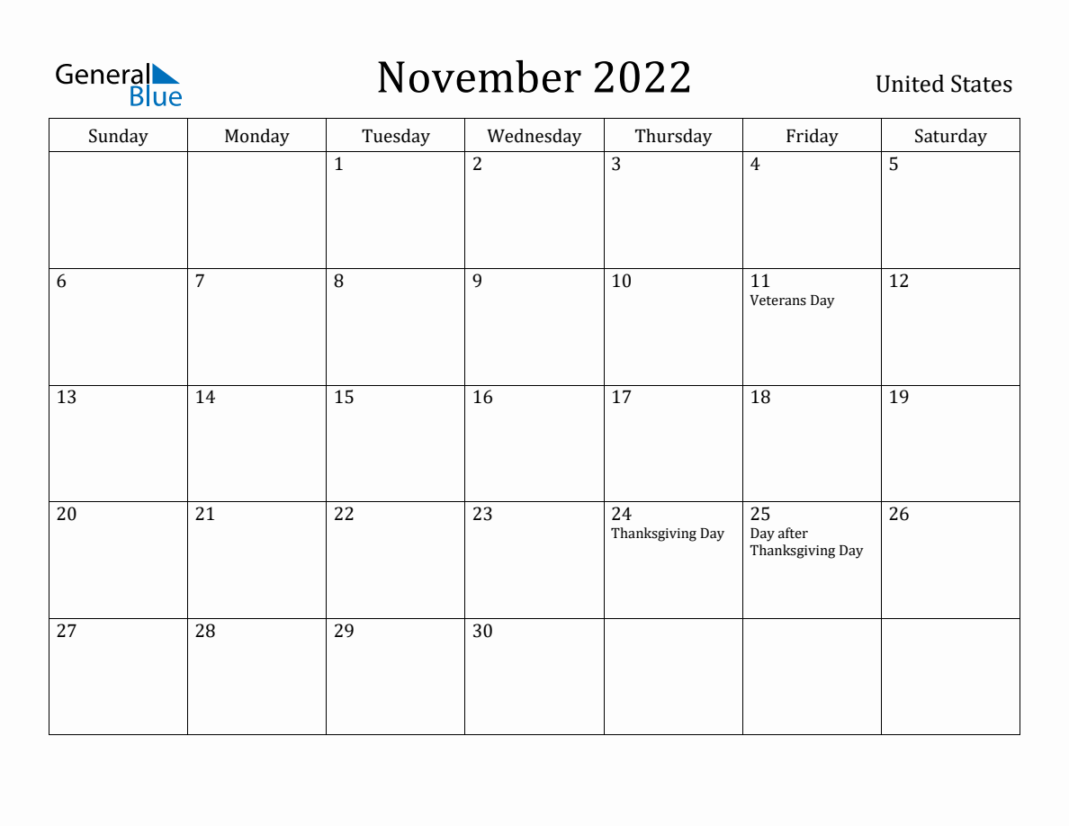 November 2022 Monthly Calendar with United States Holidays