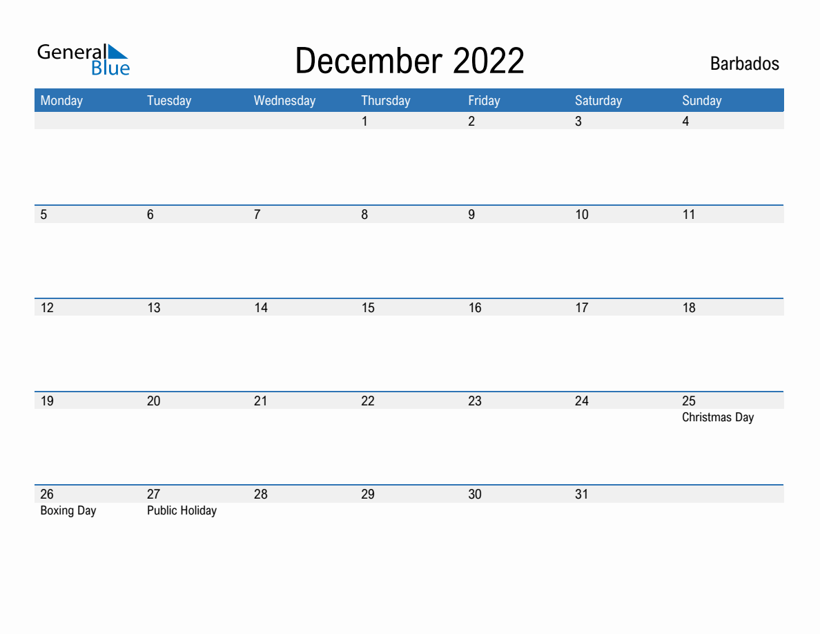 Editable December 2022 Calendar with Barbados Holidays