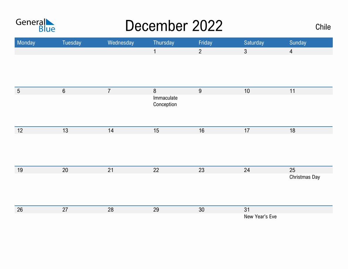 Editable December 2022 Calendar with Chile Holidays (Monday Start)