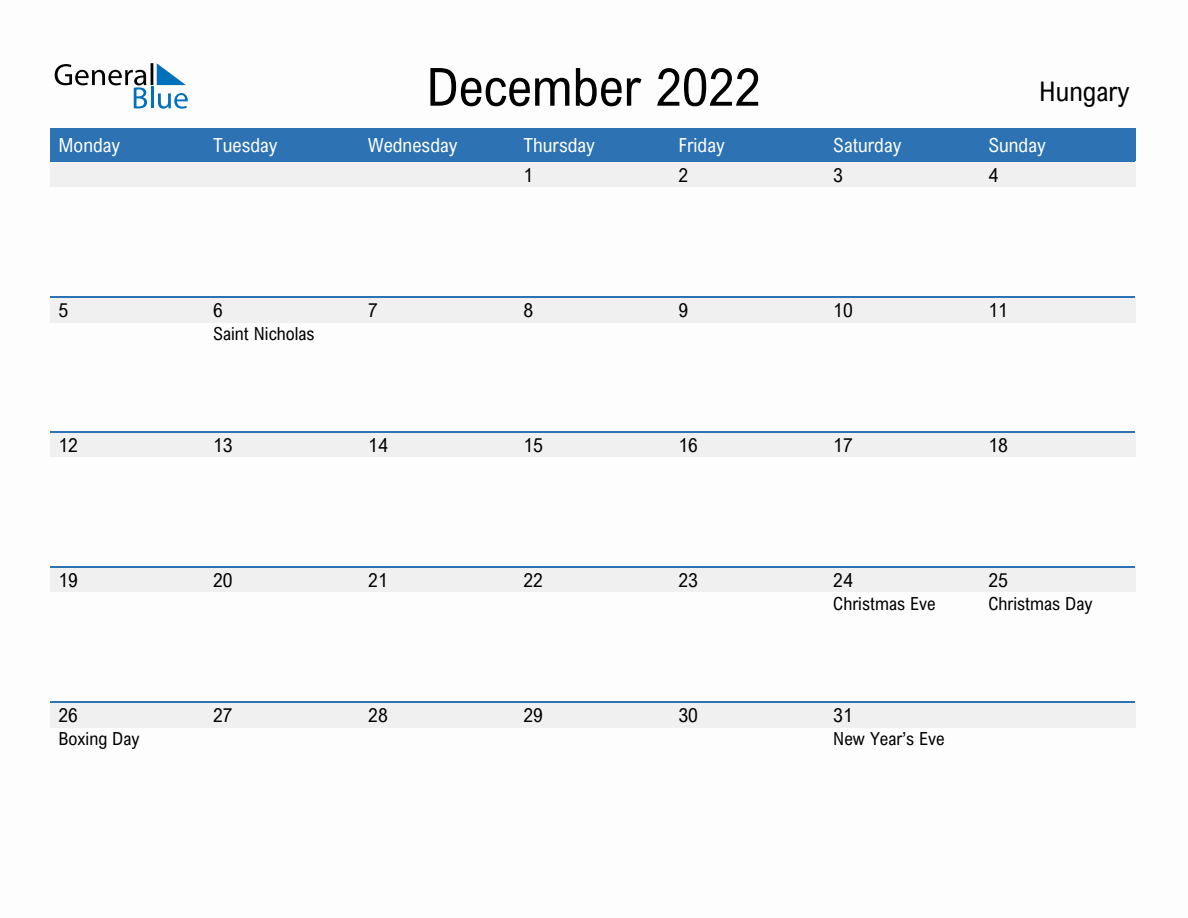Editable December 2022 Calendar with Hungary Holidays (Monday Start)