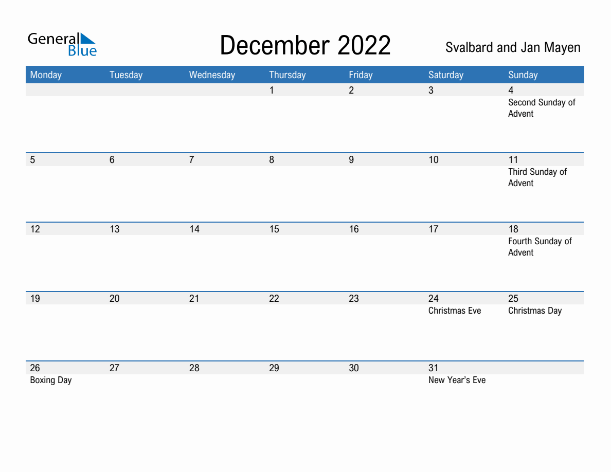 Editable December 2022 Calendar with Svalbard and Jan Mayen Holidays ...