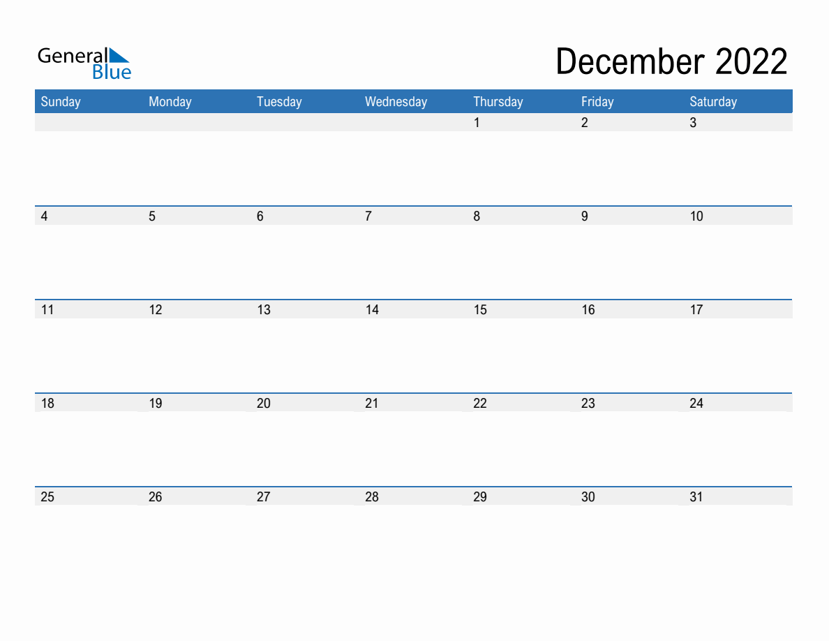 December 2022 Monthly Calendar (PDF, Word, Excel)