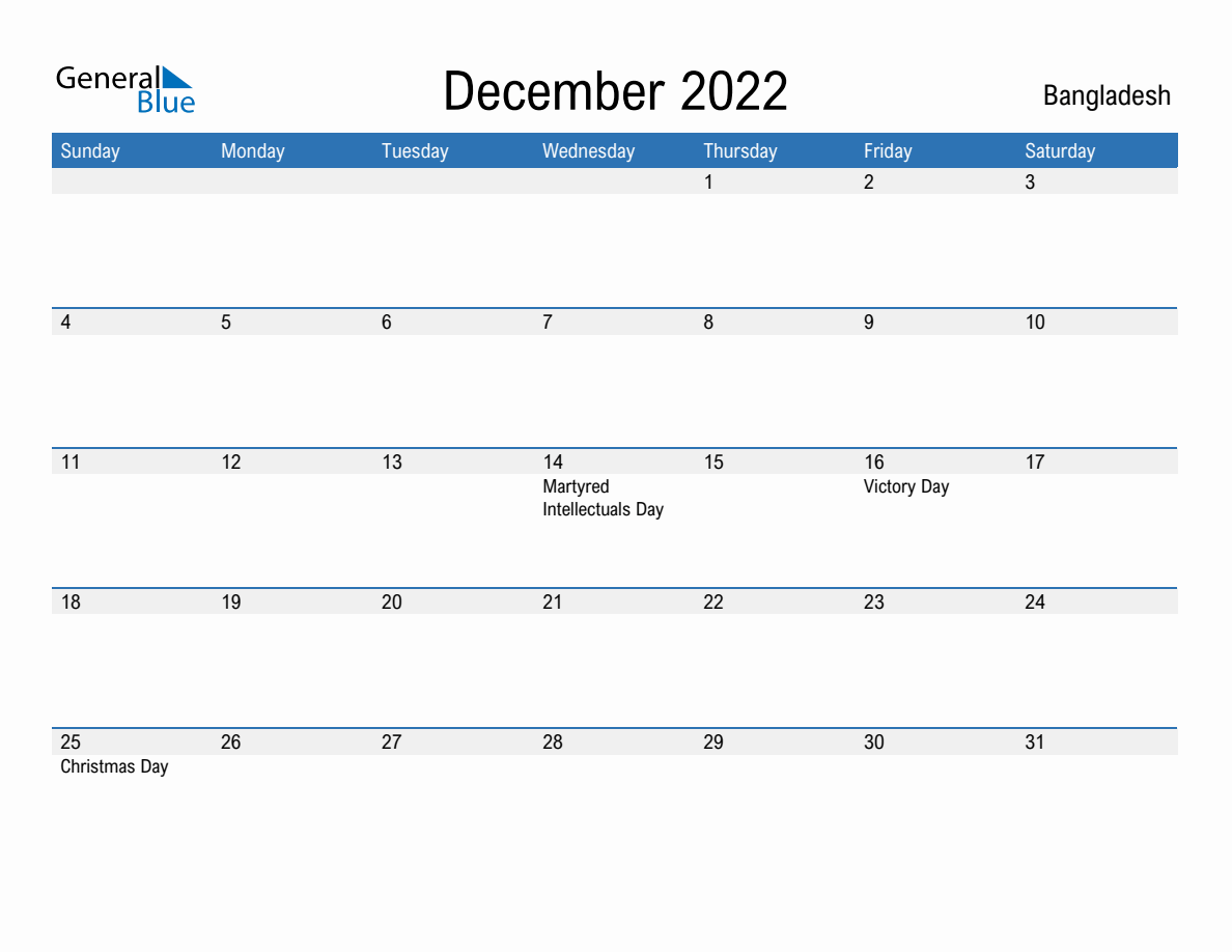 December 2022 Monthly Calendars with Bangladesh Holidays