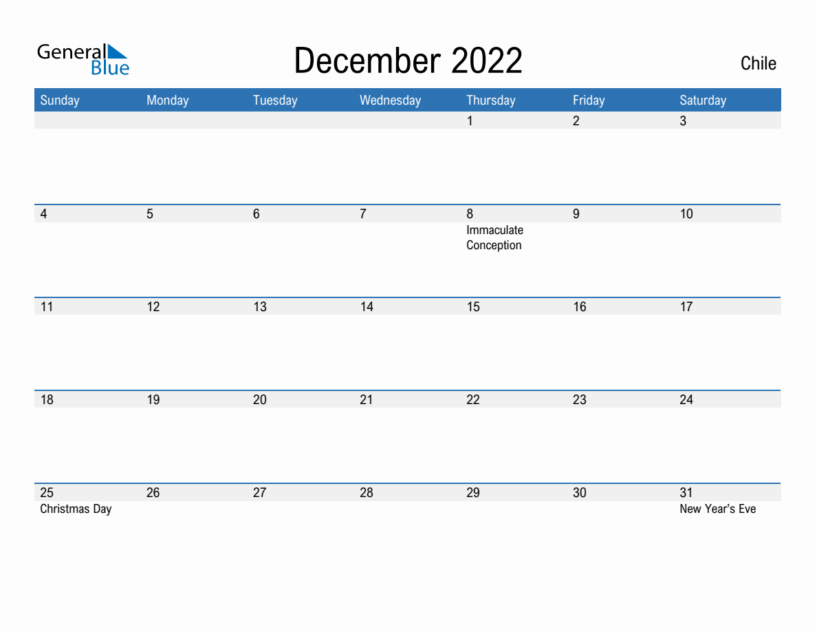 December 2022 Monthly Calendars with Chile Holidays