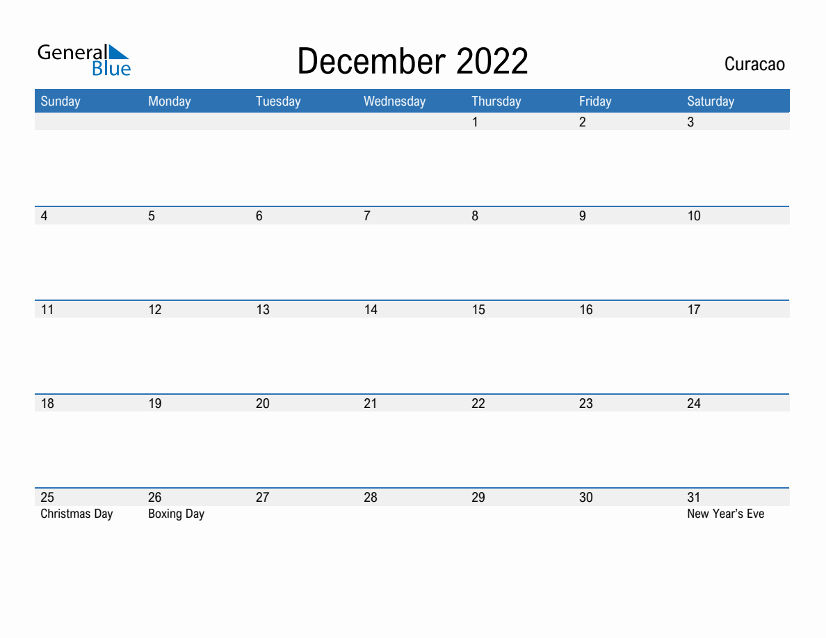 December 2022 Monthly Calendar with Curacao Holidays